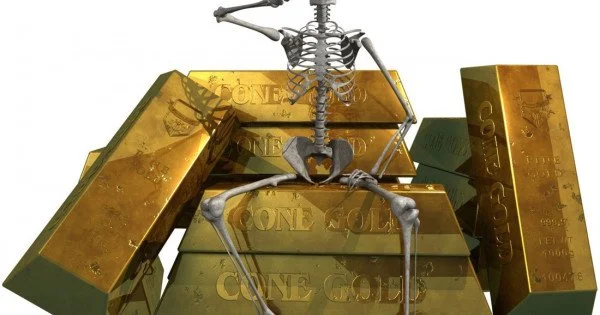 Funny Skeleton Sitting On Gold